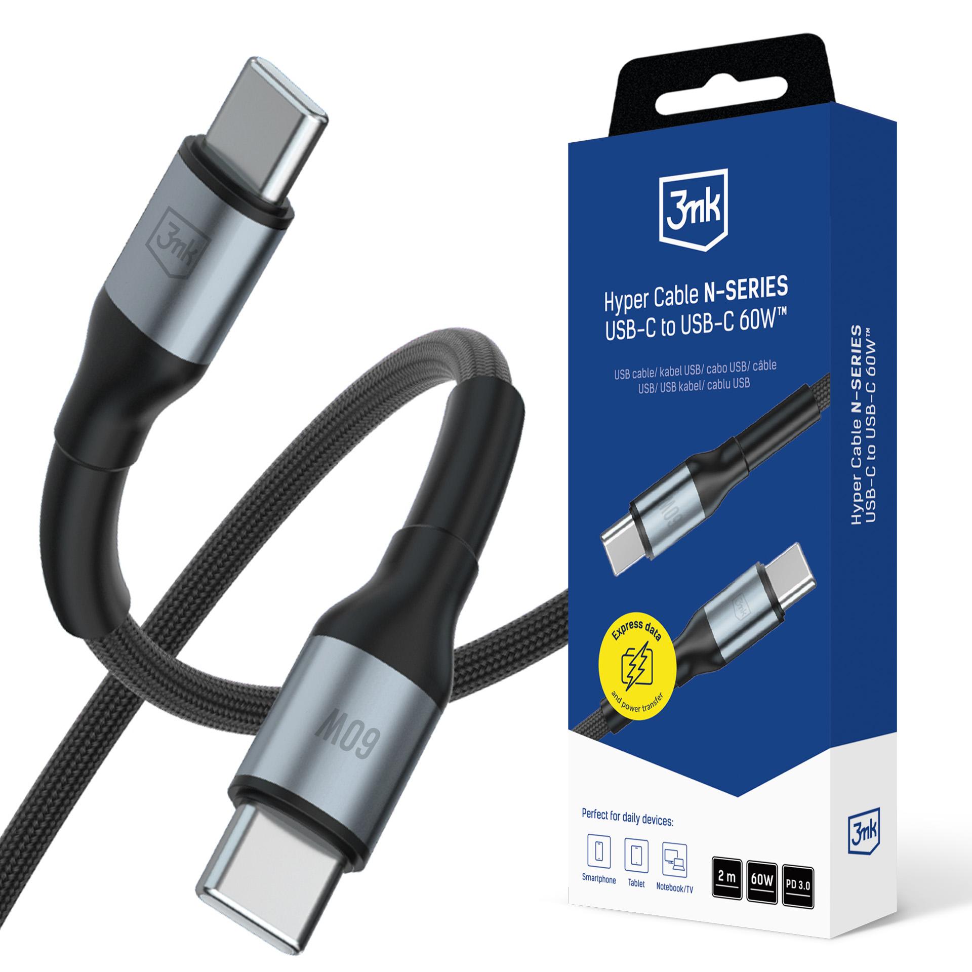 Kabel 2m 60W 20V/3A 3mk Hyper Cable N-SERIES USB-C to USB-C 60W™ Black